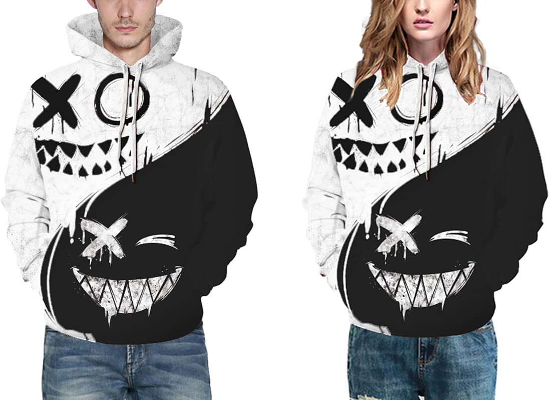 Chaos World Men's Novelty Hoodie Long Sleeves 3D Funny Graphic Print Sweatshirt Pullover(X-Large,2 Black White)