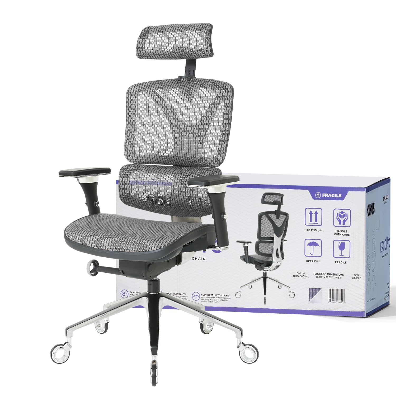 Nouhaus Ergonomic Office Chair Lumbar Support Aluminum Alloy Backrest, Big and Tall Mesh Computer Desk Chair with Adjustable Headrest, 4D Armrest and Premium Wheels(ErgoPRO,Silver)