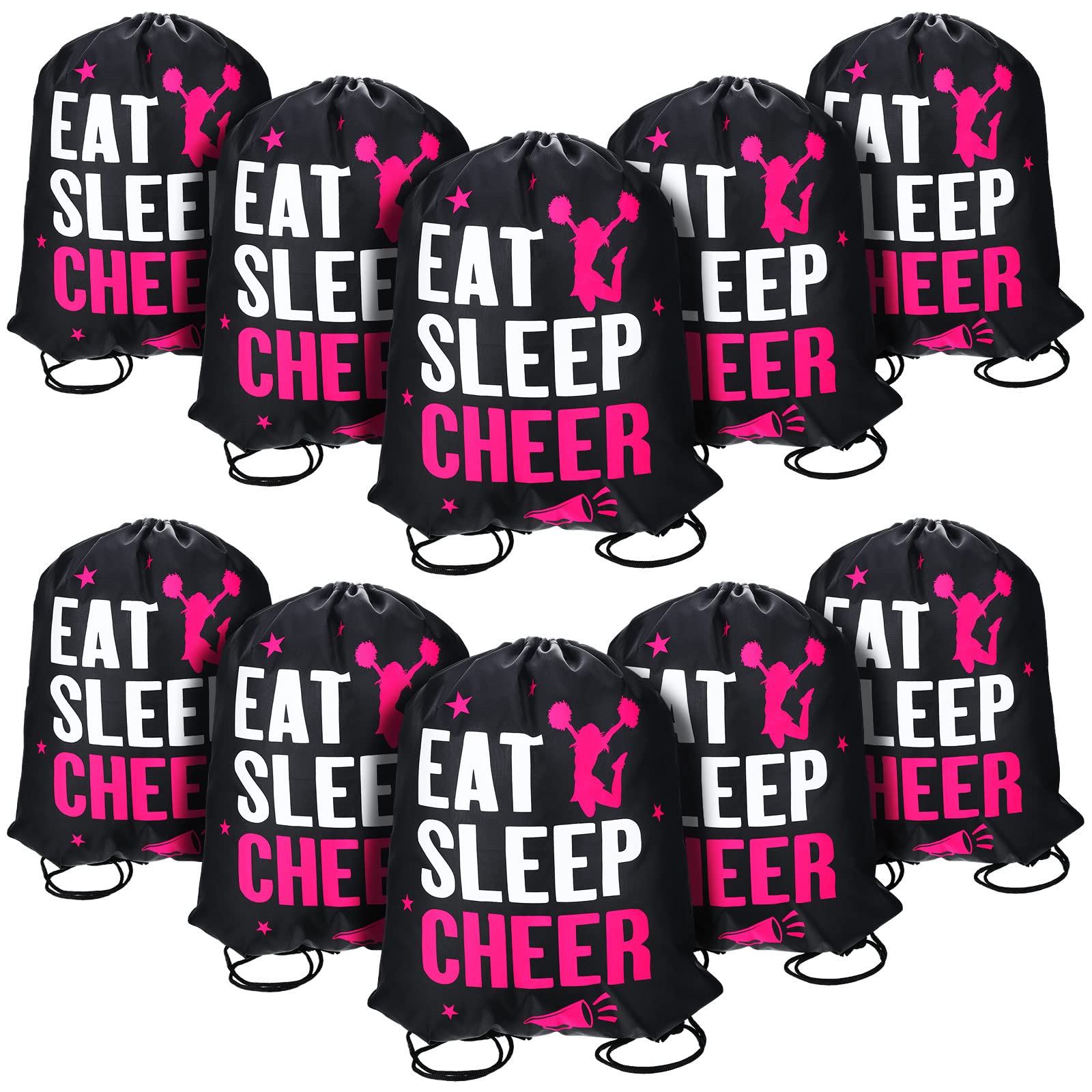 Eccliy 10 Pcs Cheerleaders Drawstring Backpack Bulk Cheer Drawstring Gym Bags Eat Sleep Cheer Gift Bags for Youth Sport Team(Popular Pattern)