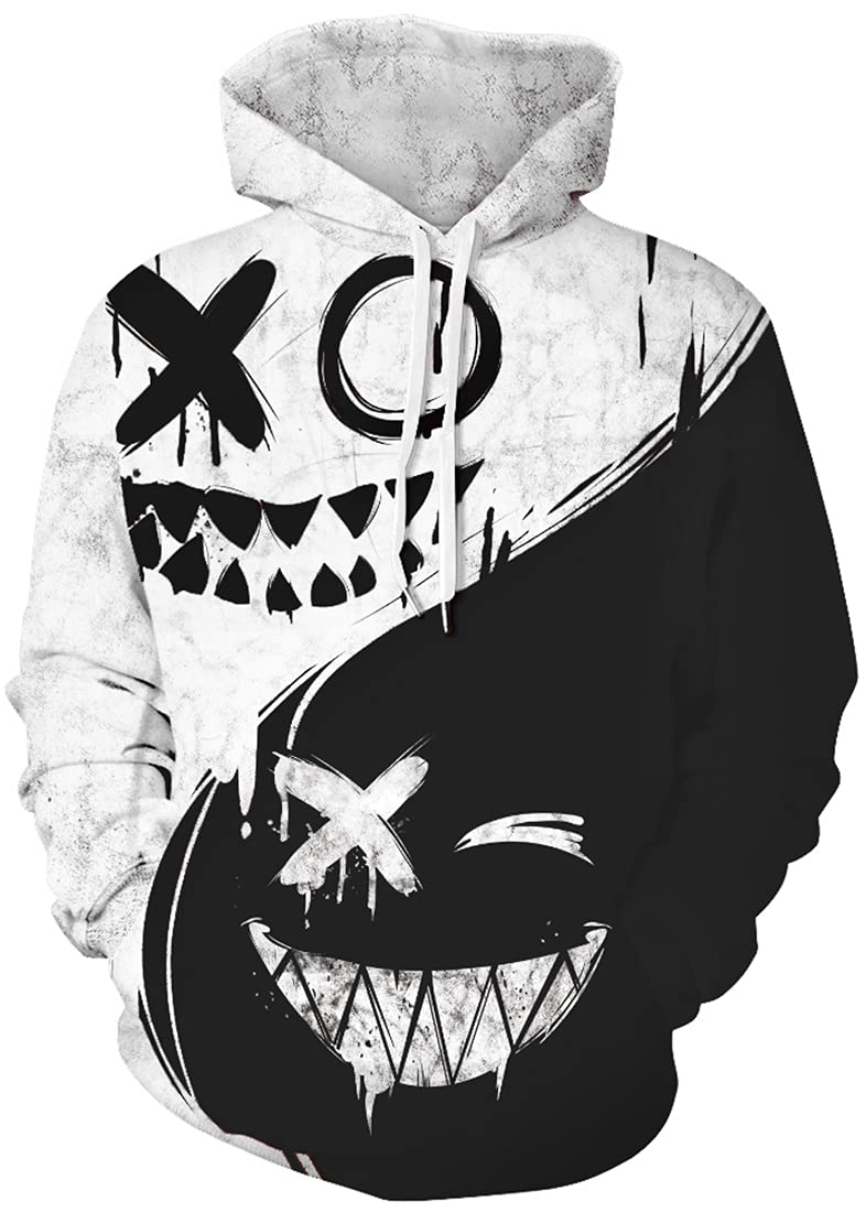 Chaos World Men's Novelty Hoodie Long Sleeves 3D Funny Graphic Print Sweatshirt Pullover(X-Large,2 Black White)