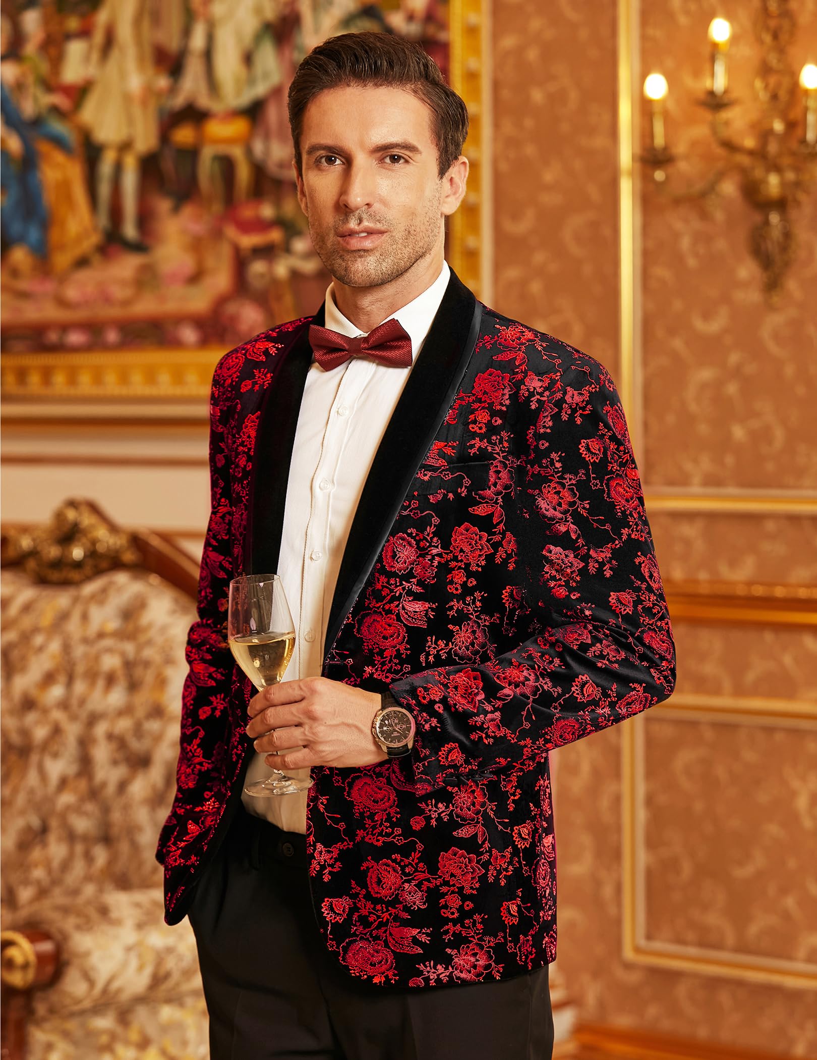 COOFANDY Mens Floral Tuxedo Jacket Regular Fit Velvet Blazer Red Wedding Party Prom Suits Jacket