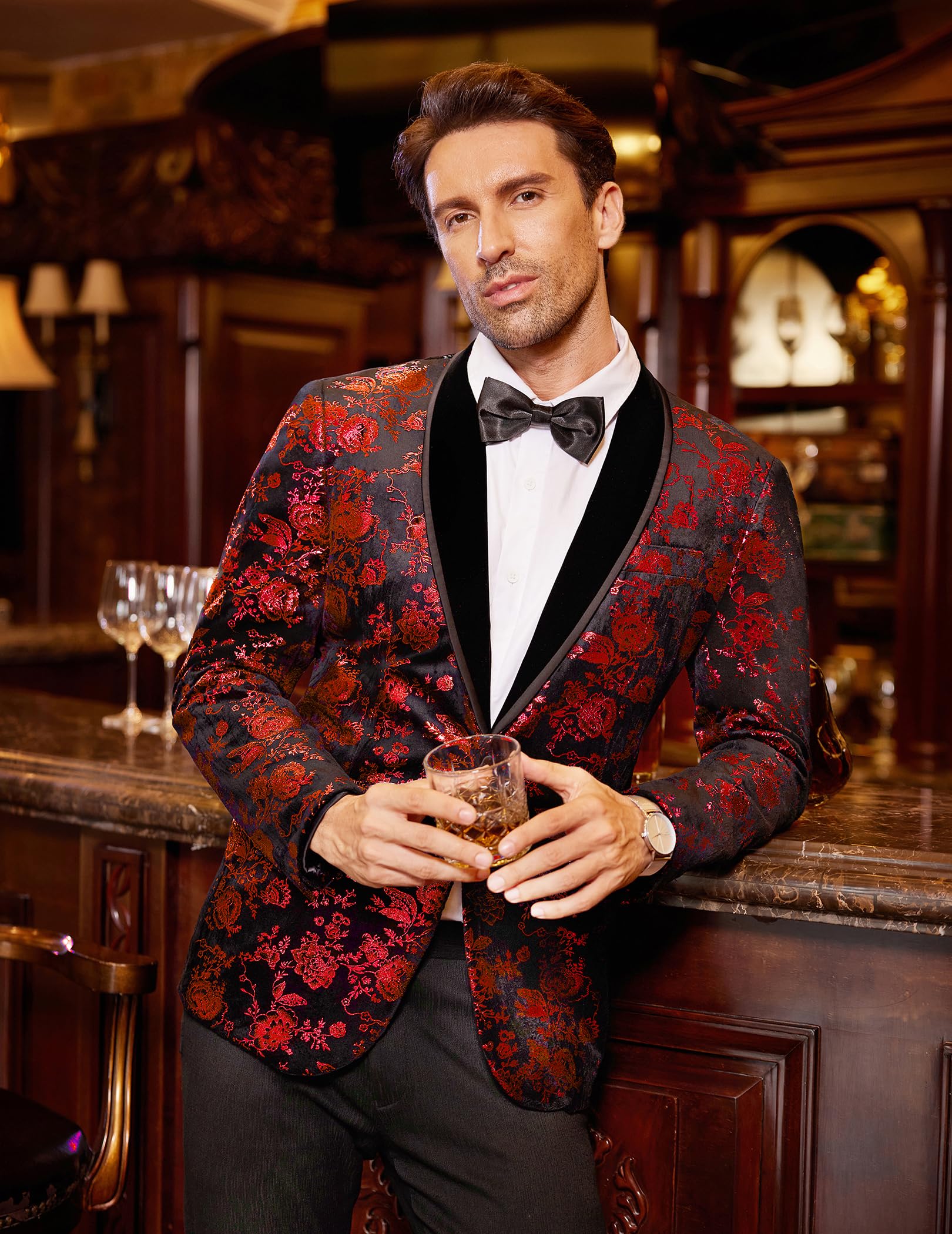 COOFANDY Mens Floral Tuxedo Jacket Regular Fit Velvet Blazer Red Wedding Party Prom Suits Jacket