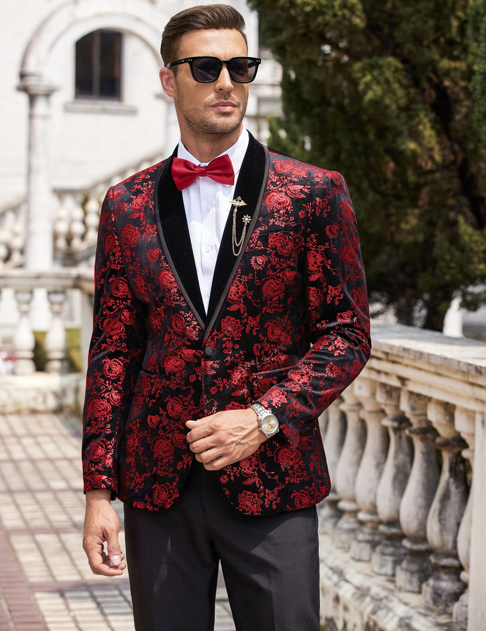 COOFANDY Mens Floral Tuxedo Jacket Regular Fit Velvet Blazer Red Wedding Party Prom Suits Jacket