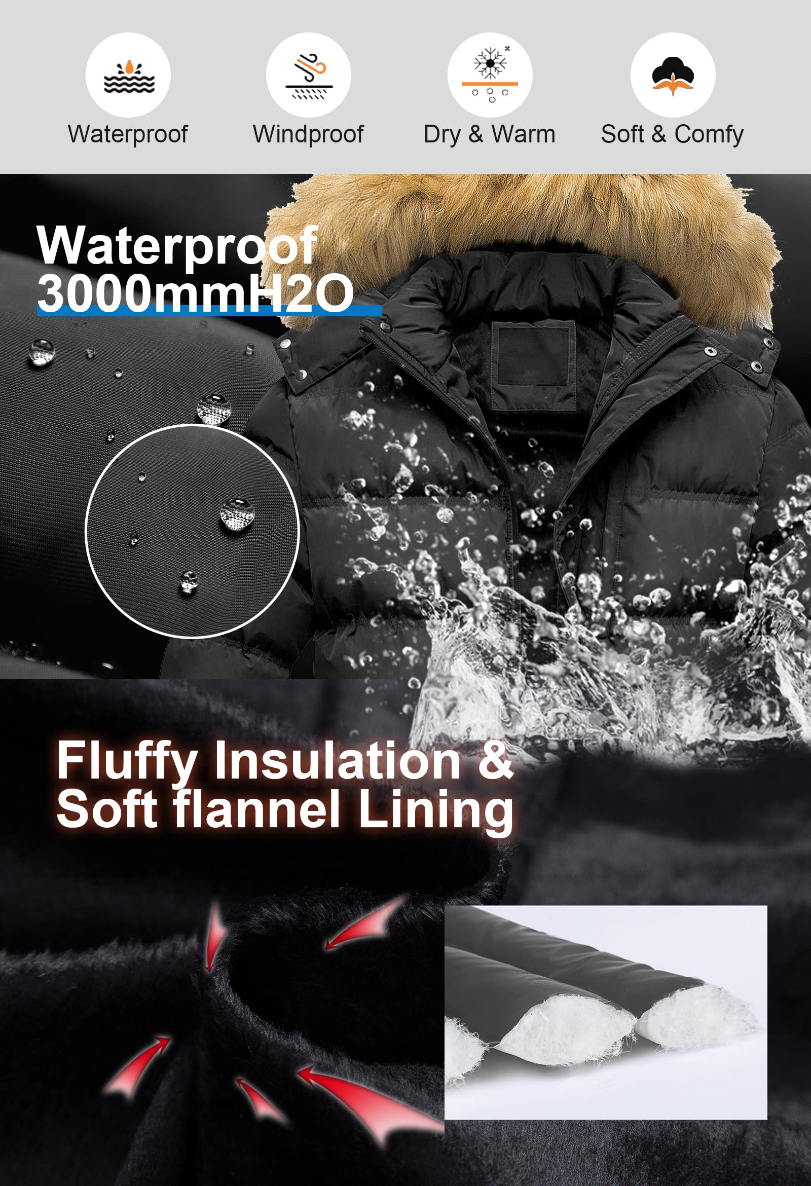Pursky Puffer Jacket Men Heavyweight Hooded Waterproof Ski Windbreaker Thicken Winter Fur Coats Black L