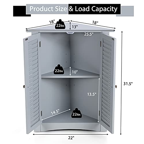 Tangkula Bathroom Corner Cabinet, Corner Storage Cabinet with Double Shutter Doors & Adjustable Shelf, Freestanding Floor Cabinet for Bathroom Living Room Kitchen, 13 x 25.5 x 31.5 Inch (Grey)