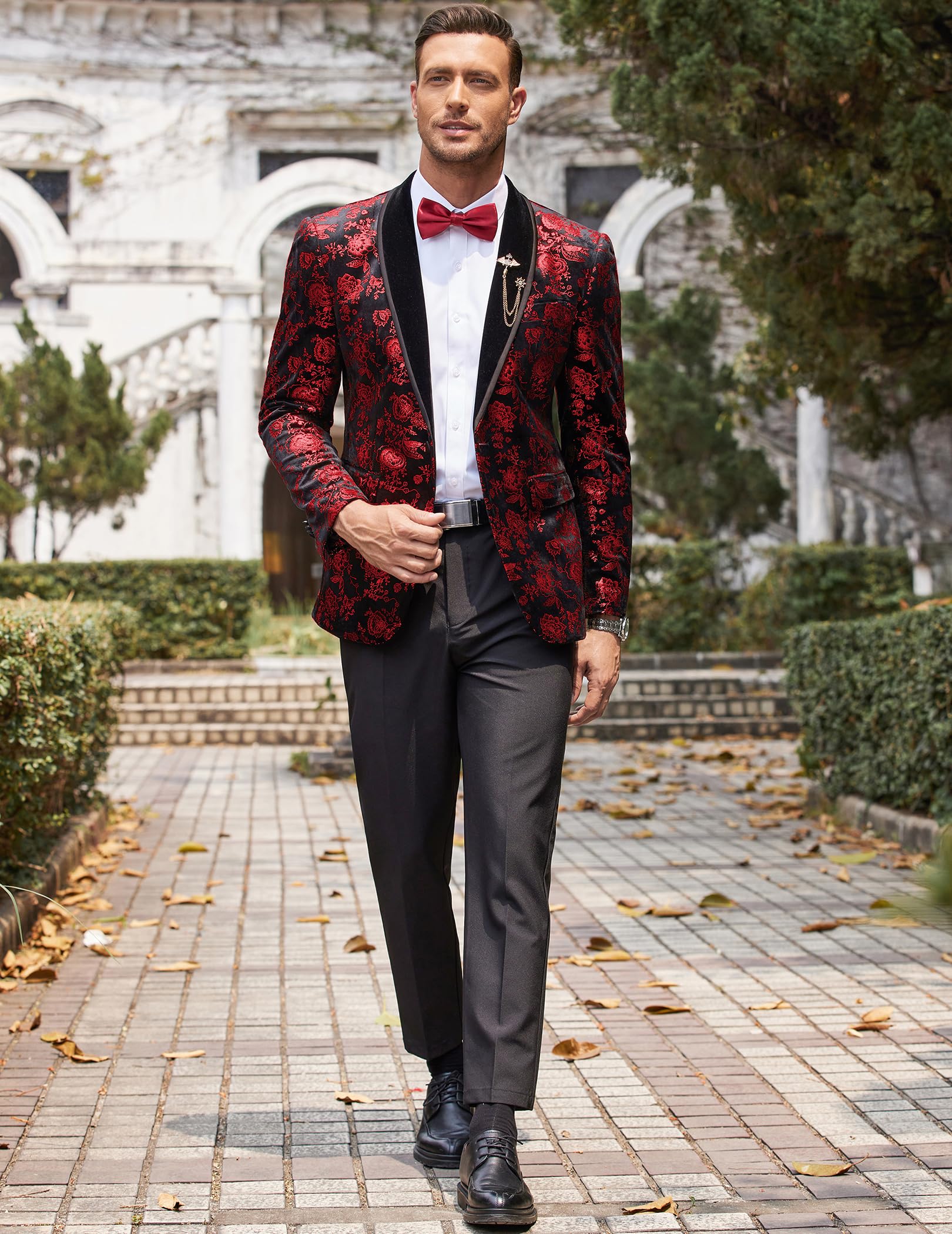 COOFANDY Mens Floral Tuxedo Jacket Regular Fit Velvet Blazer Red Wedding Party Prom Suits Jacket