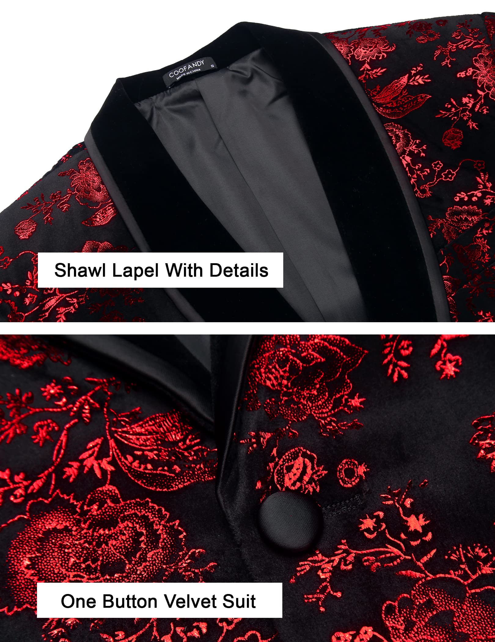 COOFANDY Mens Floral Tuxedo Jacket Regular Fit Velvet Blazer Red Wedding Party Prom Suits Jacket