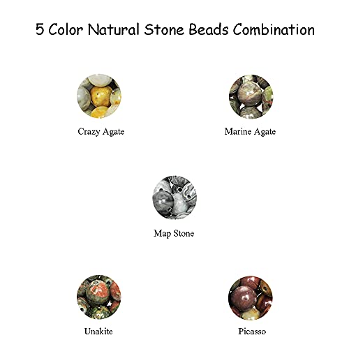 200pcs 8mm Stone Beads Kit Round Loose Gemstone Crazy Agate Marine Agate Map Stone Unakite Picasso for Bracelet Necklace Earrings Jewelry Making
