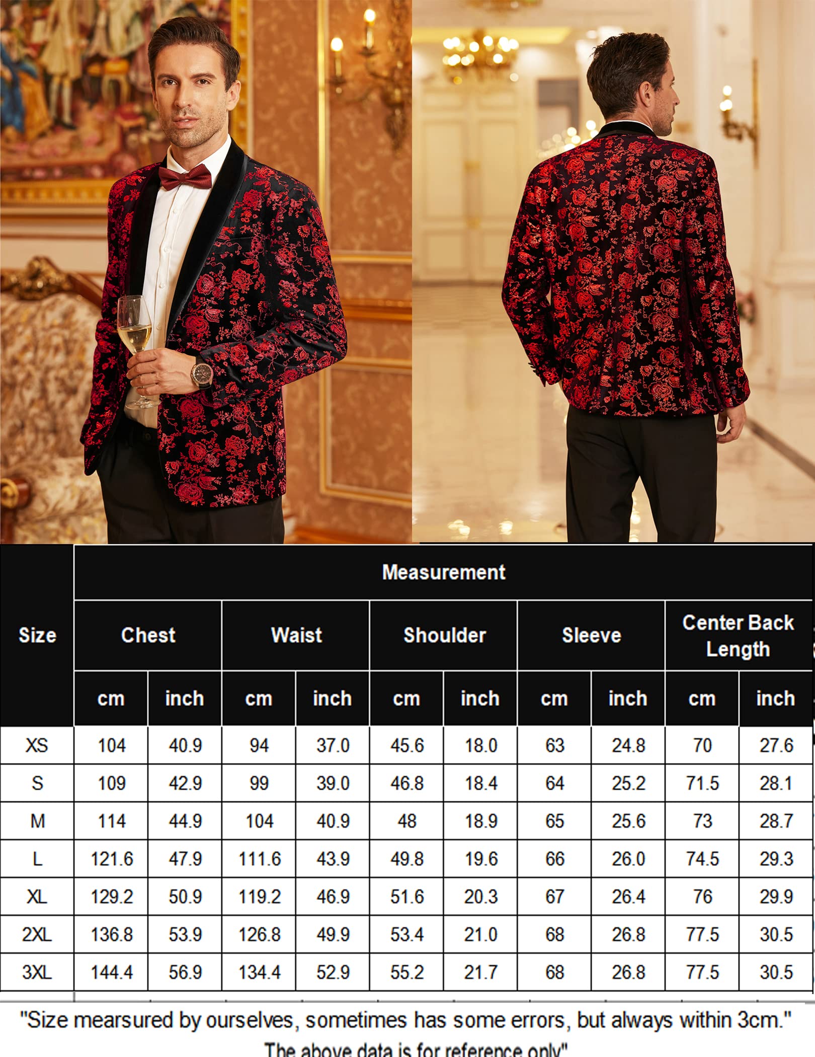 COOFANDY Mens Floral Tuxedo Jacket Regular Fit Velvet Blazer Red Wedding Party Prom Suits Jacket