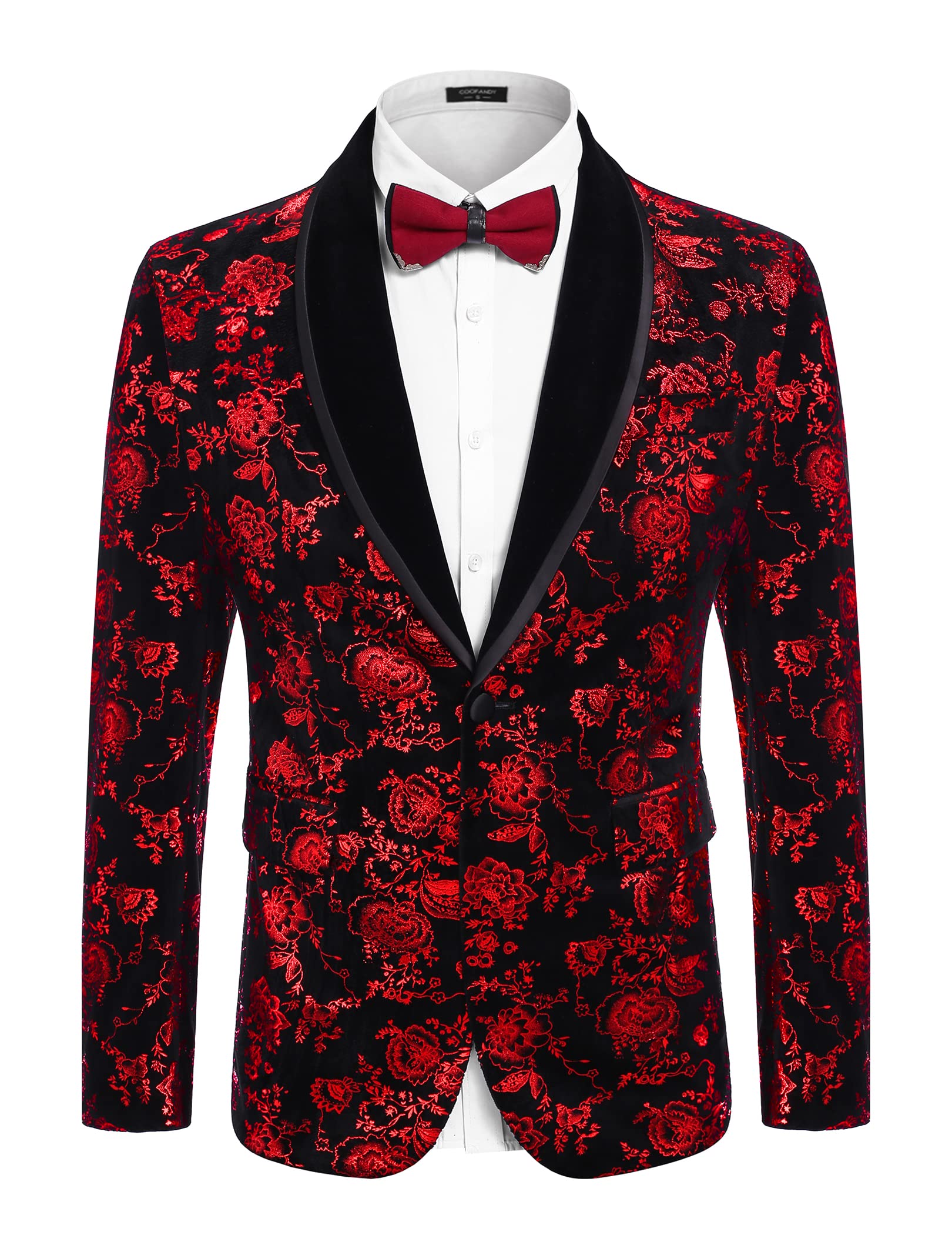 COOFANDY Mens Floral Tuxedo Jacket Regular Fit Velvet Blazer Red Wedding Party Prom Suits Jacket