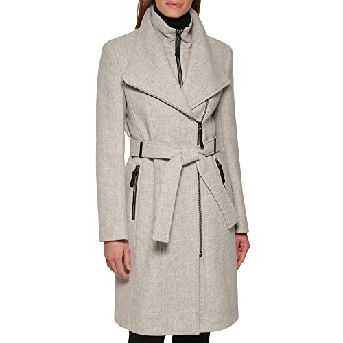 Calvin Klein Women's Angled Twill Fabric Wing Collar Coat, Light Grey, Large