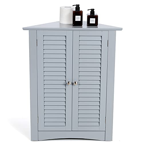 Tangkula Bathroom Corner Cabinet, Corner Storage Cabinet with Double Shutter Doors & Adjustable Shelf, Freestanding Floor Cabinet for Bathroom Living Room Kitchen, 13 x 25.5 x 31.5 Inch (Grey)