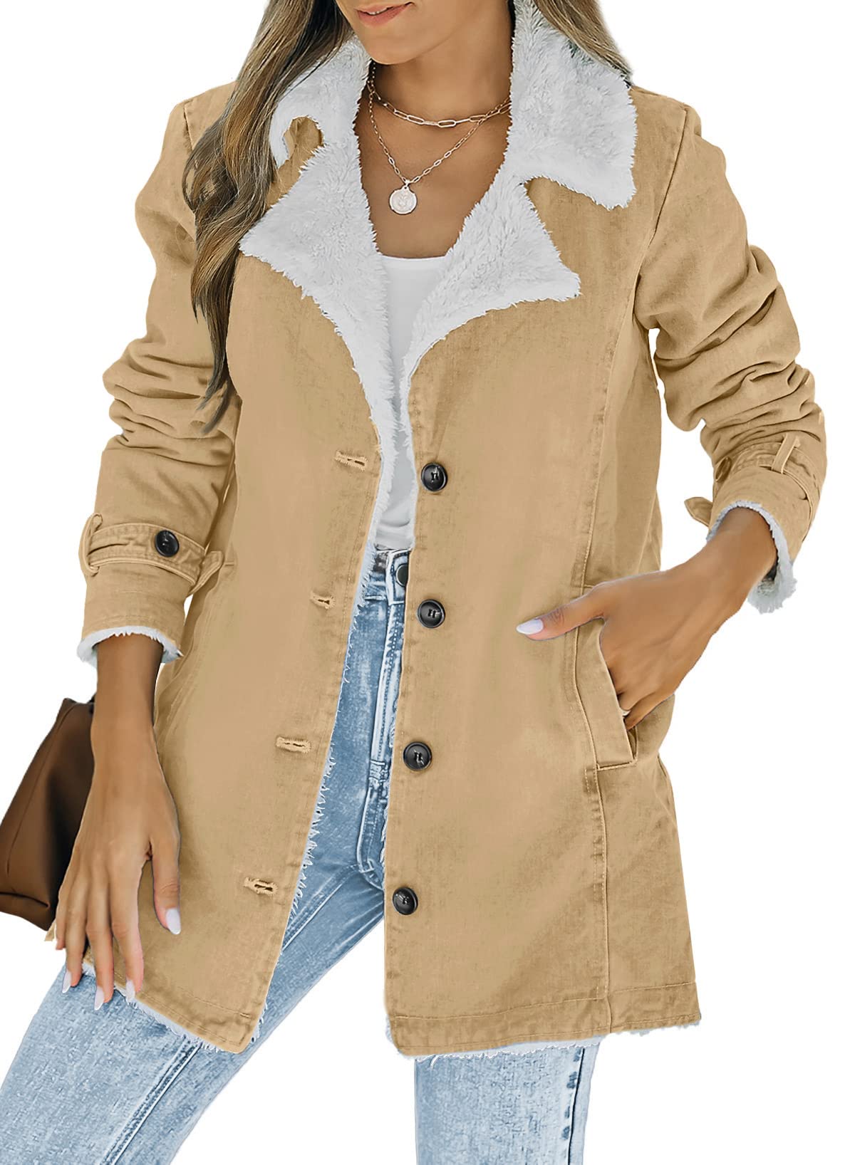 Dokotoo Womens Ladies Winter Coats Long Sleeve Jean Denim Jacket Collar Button Down Sherpa Fashion Fluffy Cardigans Coats for Women 2024 Jackets Outerwear with Pockets Khaki X-Large
