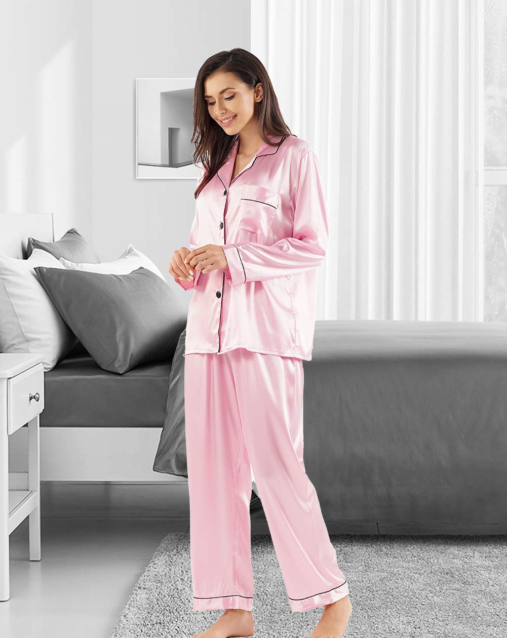 Ladieshow Silk Pjs for Women Set,Long Sleeve Button Down Sleepwear Pjs Set Loungewear Pink