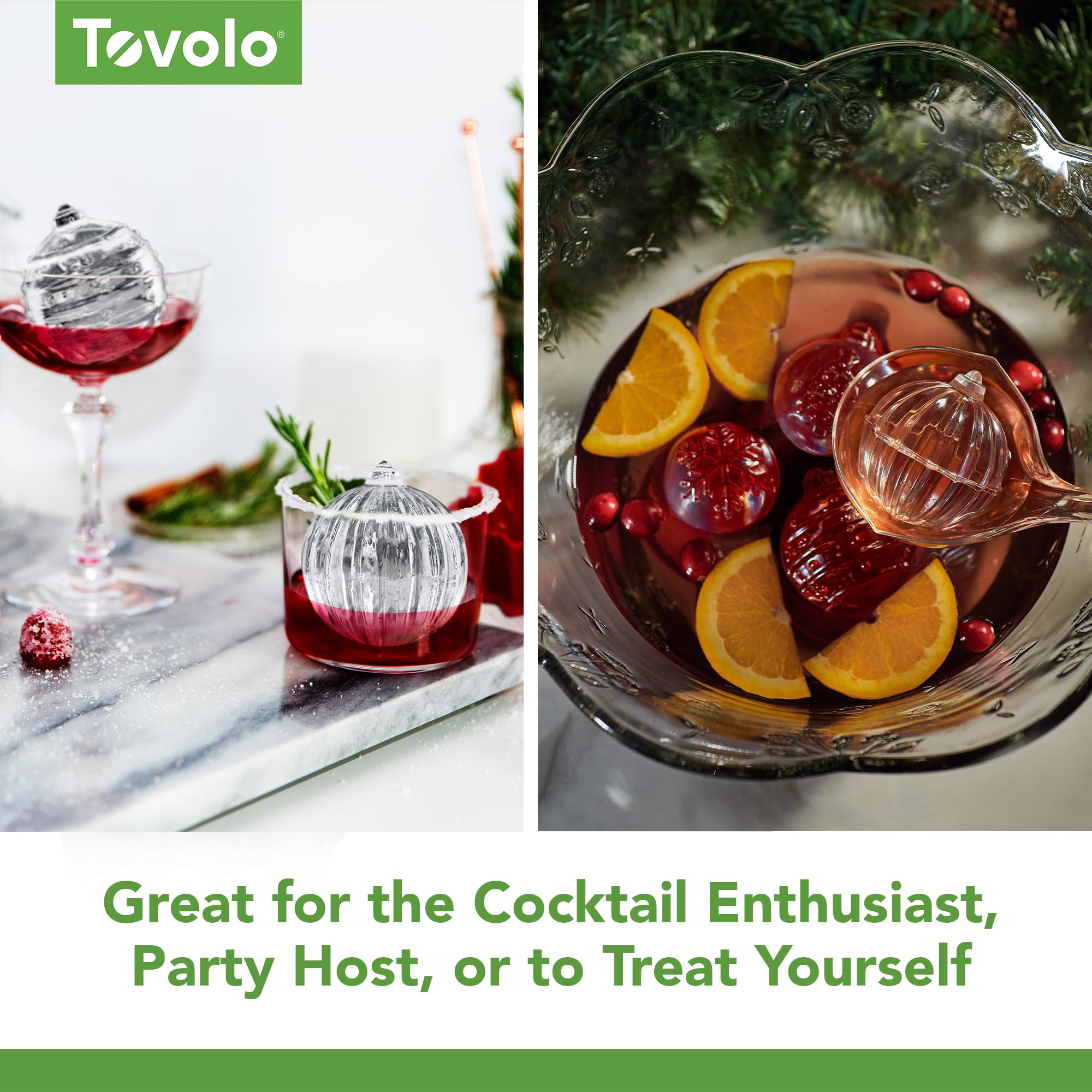 Tovolo Christmas Ornament Ice Molds, Set of 2 - Large Ice Mold Ideal for Festive & Holiday Drinks - Odor-Free Freezer Storage, Dishwasher-Safe with Silicone Plunger