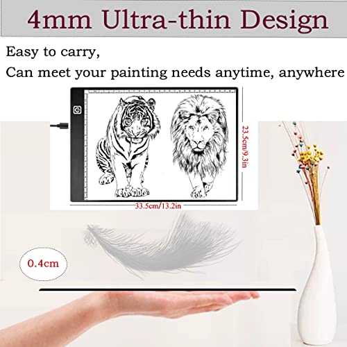 Femont Portable A4 LED Tracing Light Box with Scale,Art Light Pad Light Table with Detachable Stand&4Clips,Adjustable Brightness,USB Power,Ultra-Thin Copy Board for Diamond Painting Drawing Sketching