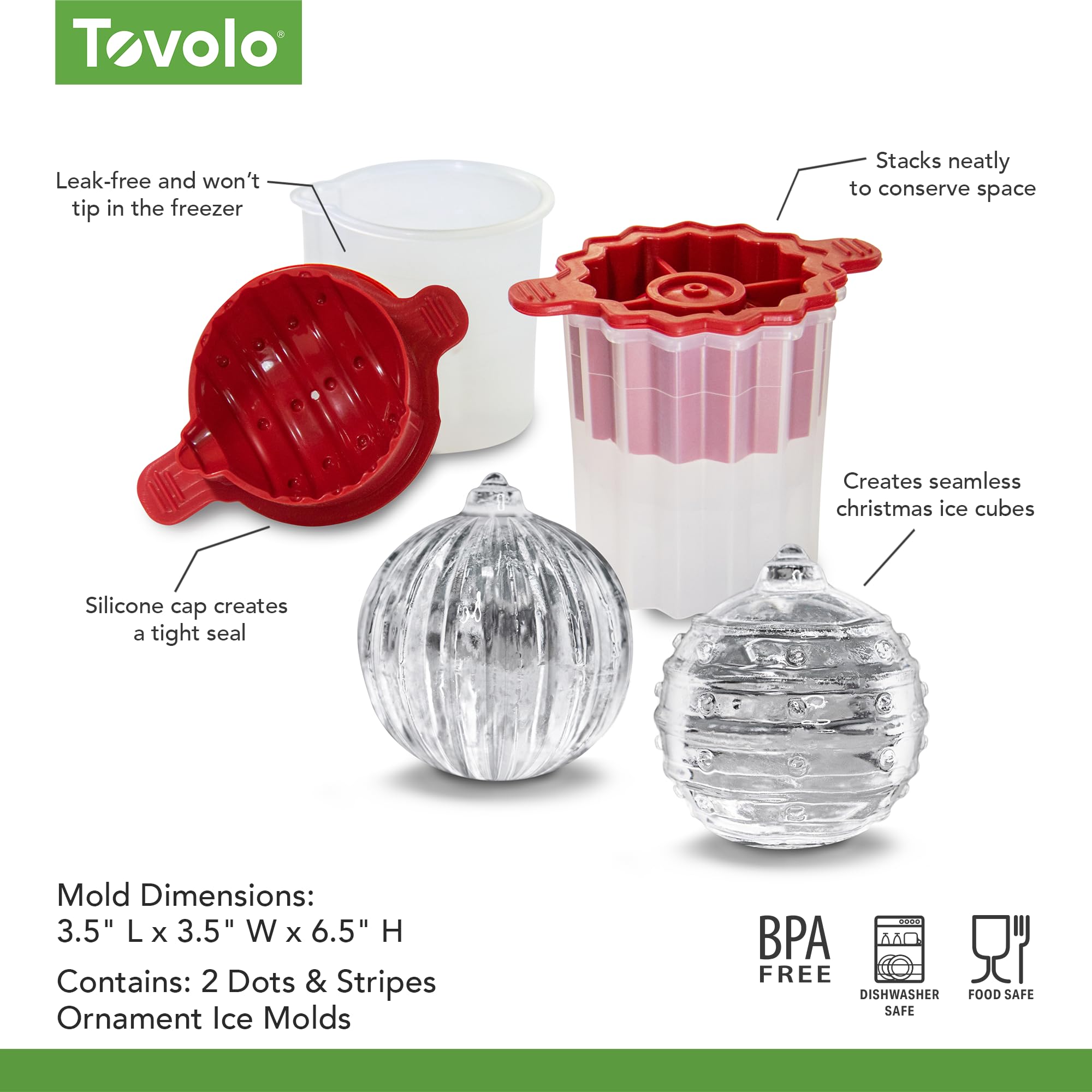 Tovolo Christmas Ornament Ice Molds, Set of 2 - Large Ice Mold Ideal for Festive & Holiday Drinks - Odor-Free Freezer Storage, Dishwasher-Safe with Silicone Plunger