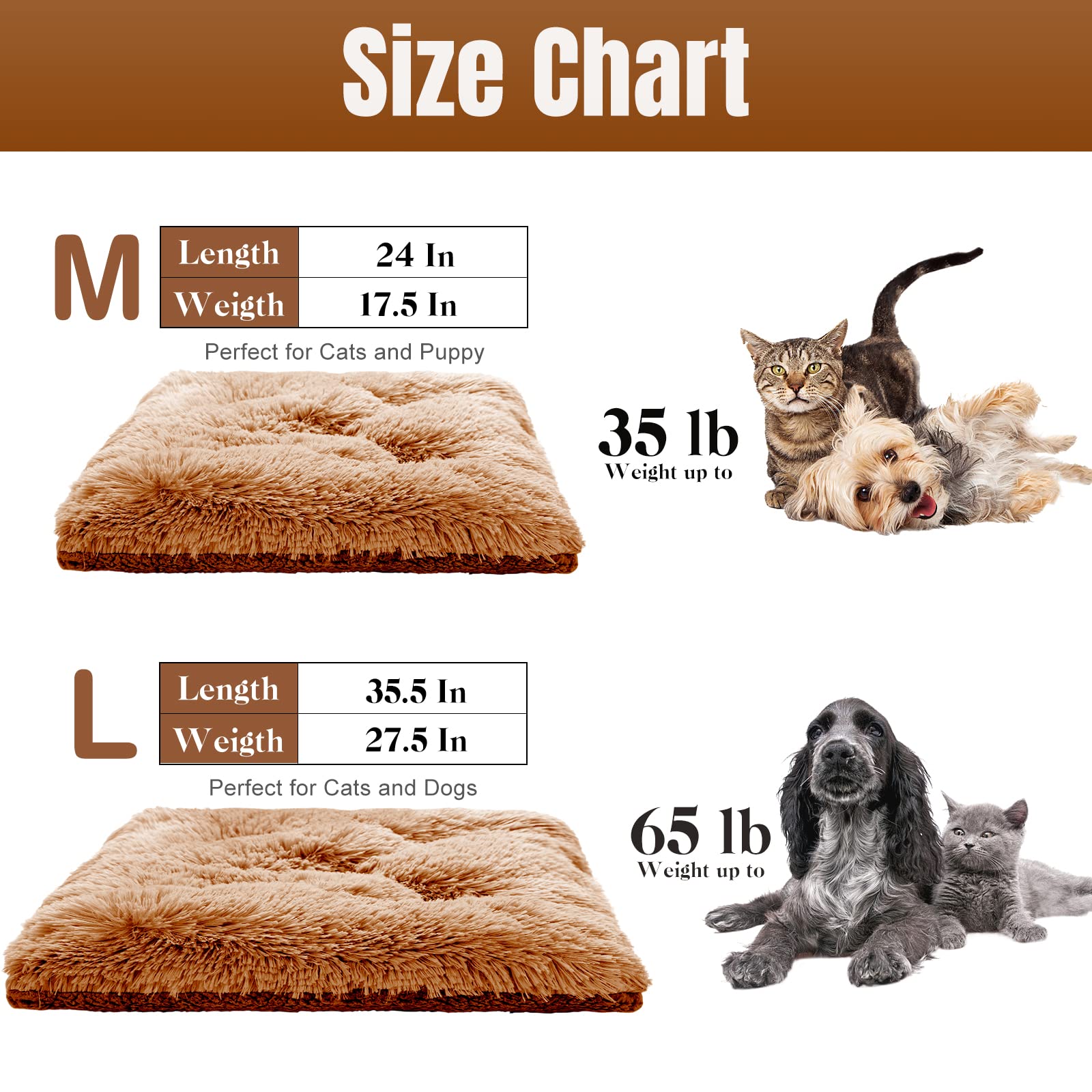 Dog Bed Long Plush Pet Bed, Comfortable Faux Fur Washable Crate Mat for Small Large Medium Dogs and Cats, Anti-Slip Fluffy Dog Kennel Pad