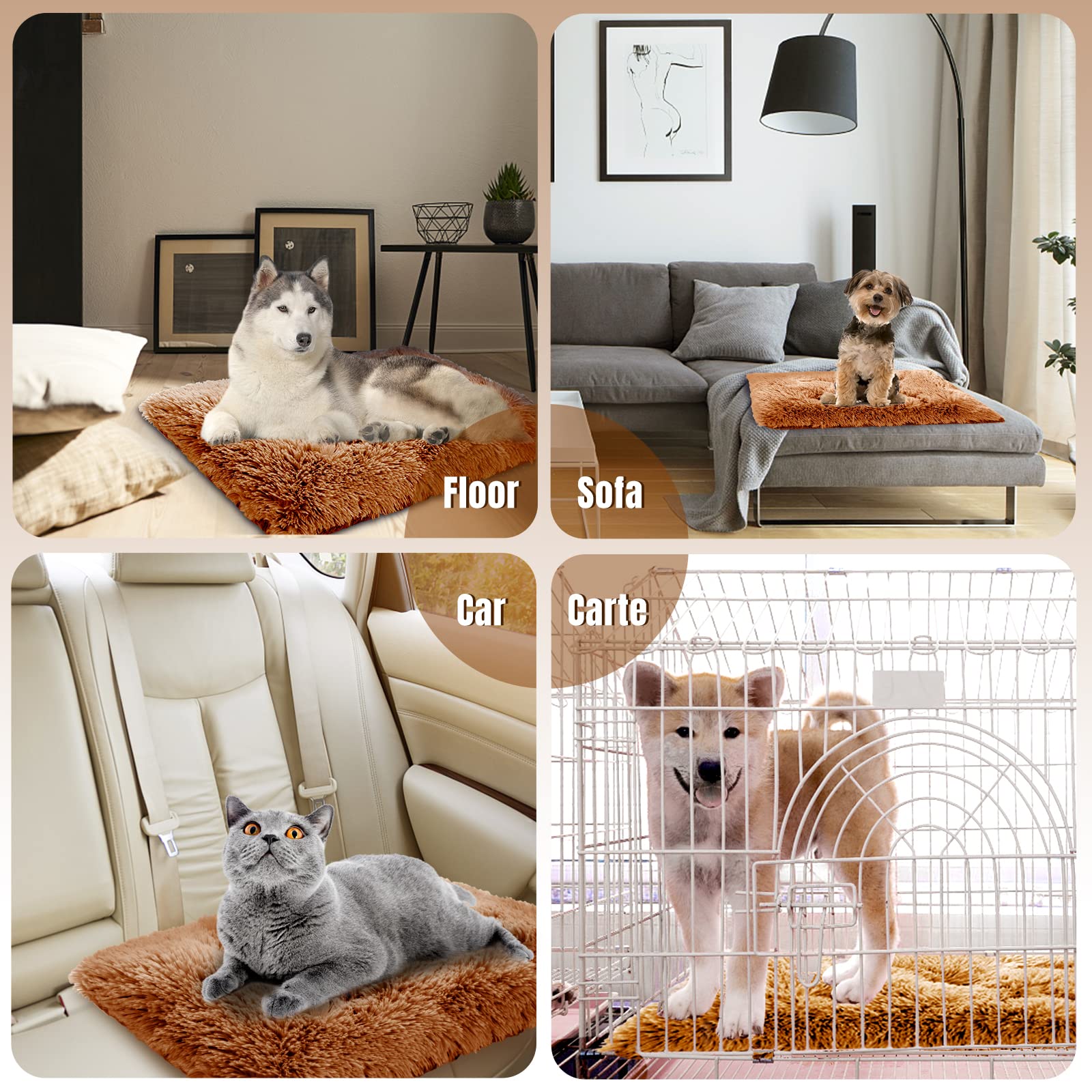 Dog Bed Long Plush Pet Bed, Comfortable Faux Fur Washable Crate Mat for Small Large Medium Dogs and Cats, Anti-Slip Fluffy Dog Kennel Pad