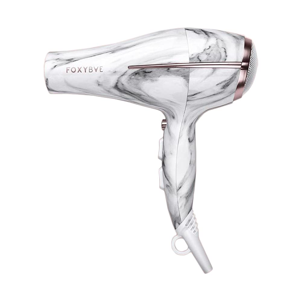 Foxybae Professional Hair Dryer | Powerful Ceramic Tourmaline Blow Dryer | Salon-Grade Hairdryer Motor | Hair Styling Tools for Straight & Curly Hair, 2 Heat Settings | White Marble Rose Gold