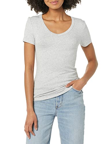 Amazon Essentials Women's Slim-Fit Short-Sleeve V-Neck T-Shirt, Pack of 2, White/Light Grey Heather, Large