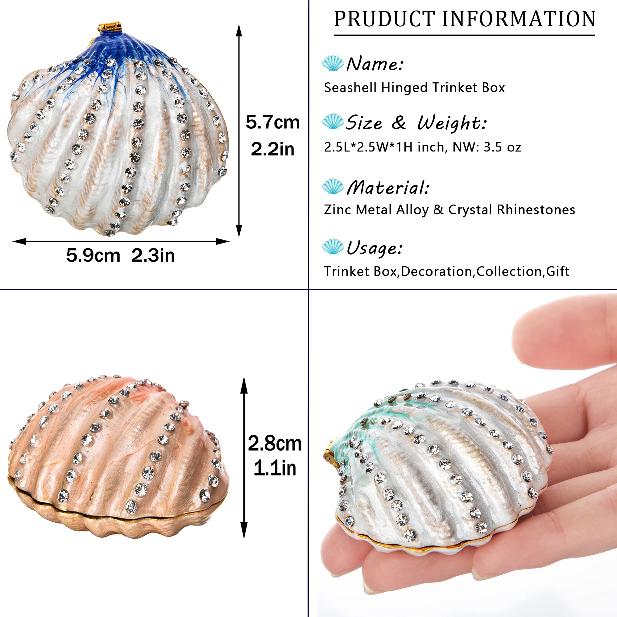 YU FENG Seashell Figurine Trinket Box Hinged Crystals Jeweled Painted Enameled Collectible Ocean Jewelry Box(Dark Blue)