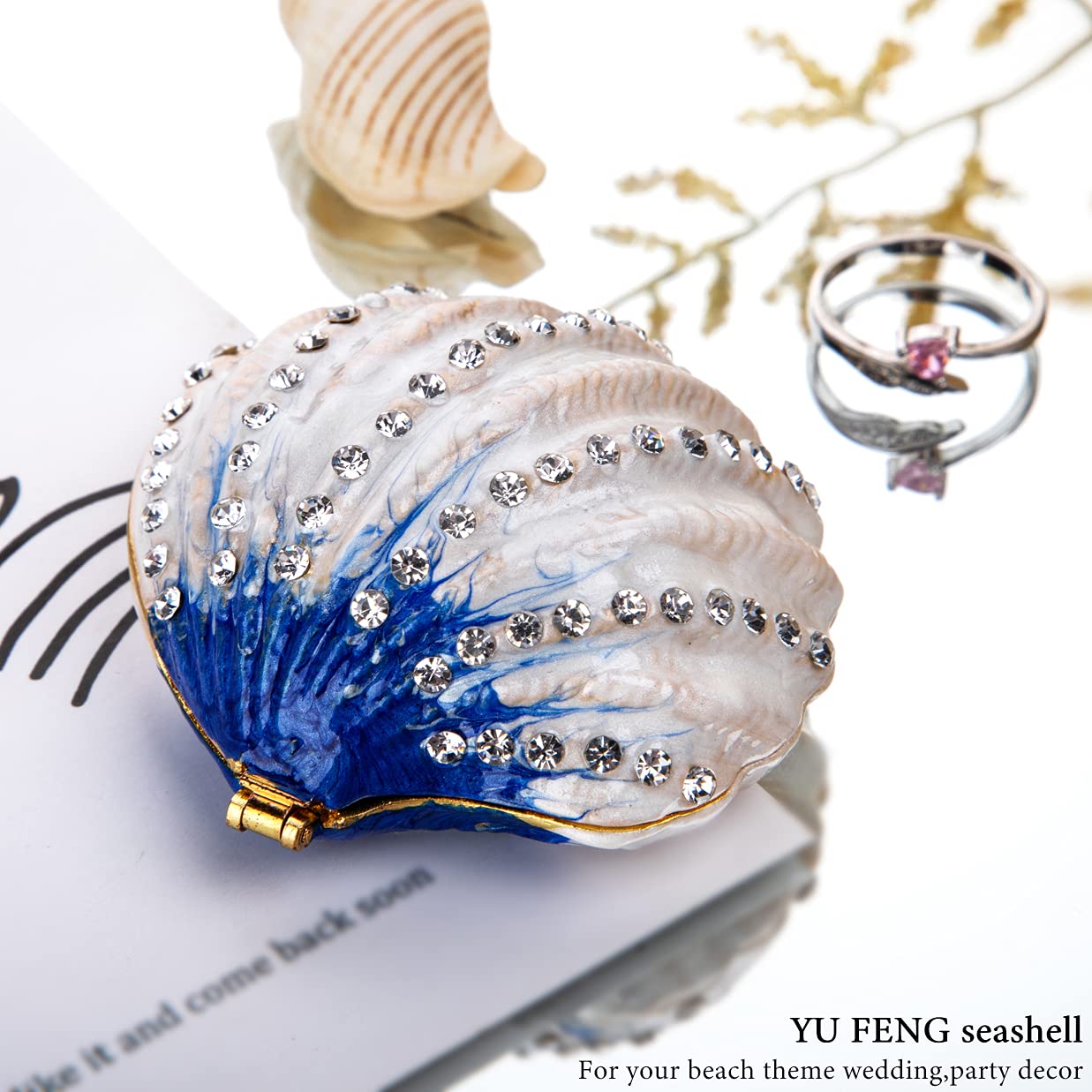 YU FENG Seashell Figurine Trinket Box Hinged Crystals Jeweled Painted Enameled Collectible Ocean Jewelry Box(Dark Blue)