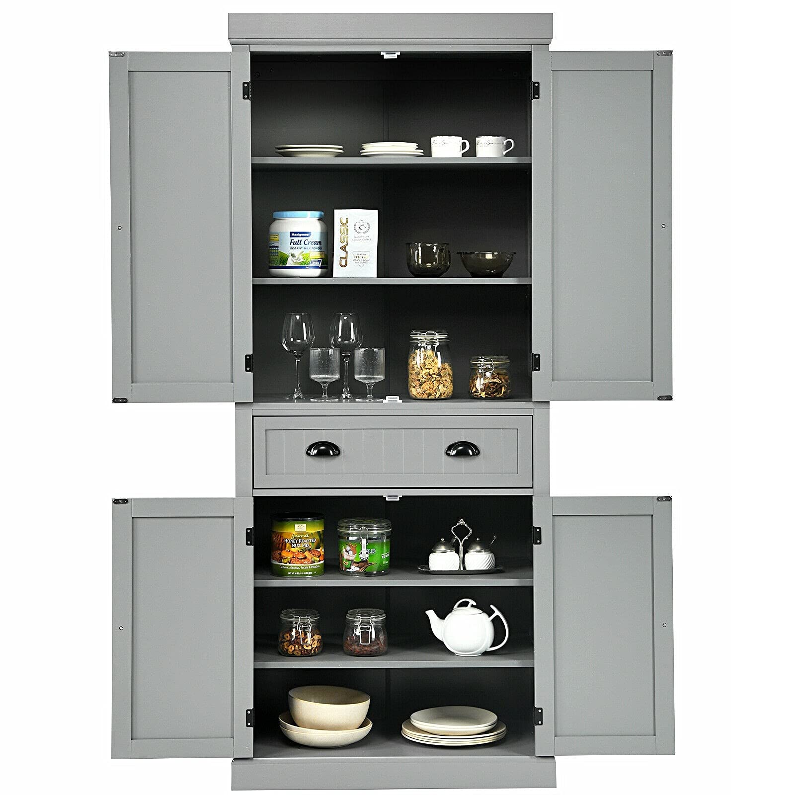 Huippy 72 inch Double Door Cupboard Freestanding Kitchen Pantry Cabinet with Four Adjustable Shelves and One Large Drawer for Kitchen Living Room Bedroom Hallway Home Office Storage (Gray)