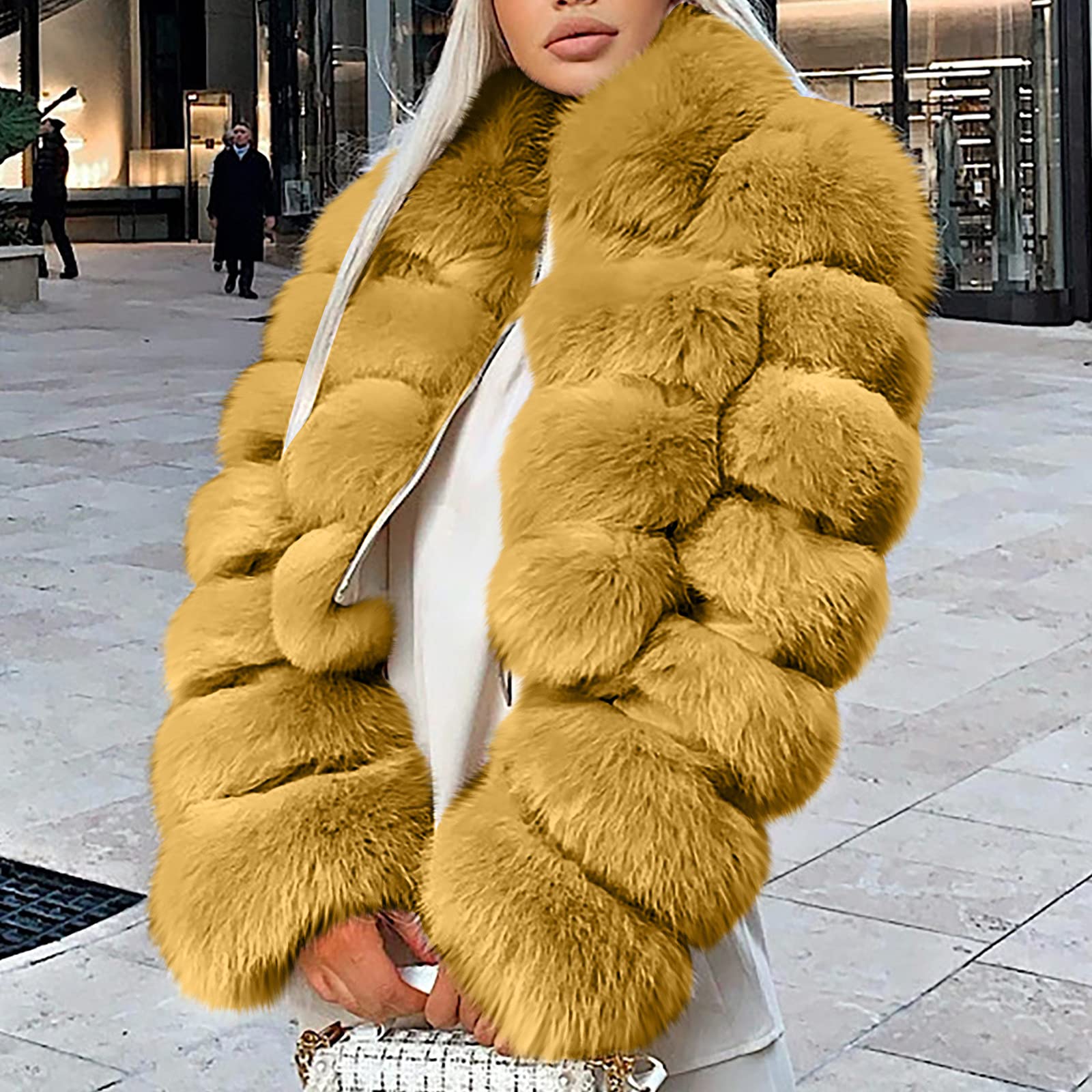 Women Luxury Fluffy Faux Fur Long Coat Jackets Open Front Solid Plush Outwear Winter Warm Oversized Overcoat Yellow