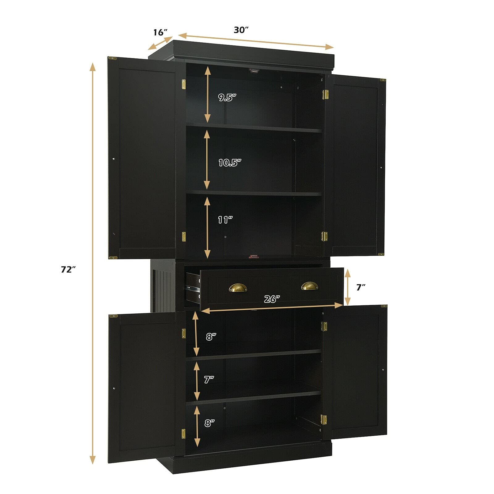 Huippy 72 inch Double Door Cupboard Freestanding Kitchen Pantry Cabinet with Four Adjustable Shelves and One Large Drawer for Kitchen Living Room Bedroom Hallway Home Office Storage (Espresso)