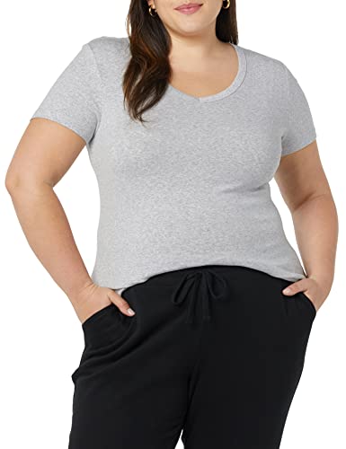 Amazon Essentials Women's Slim-Fit Short-Sleeve V-Neck T-Shirt, Pack of 2, White/Light Grey Heather, Large
