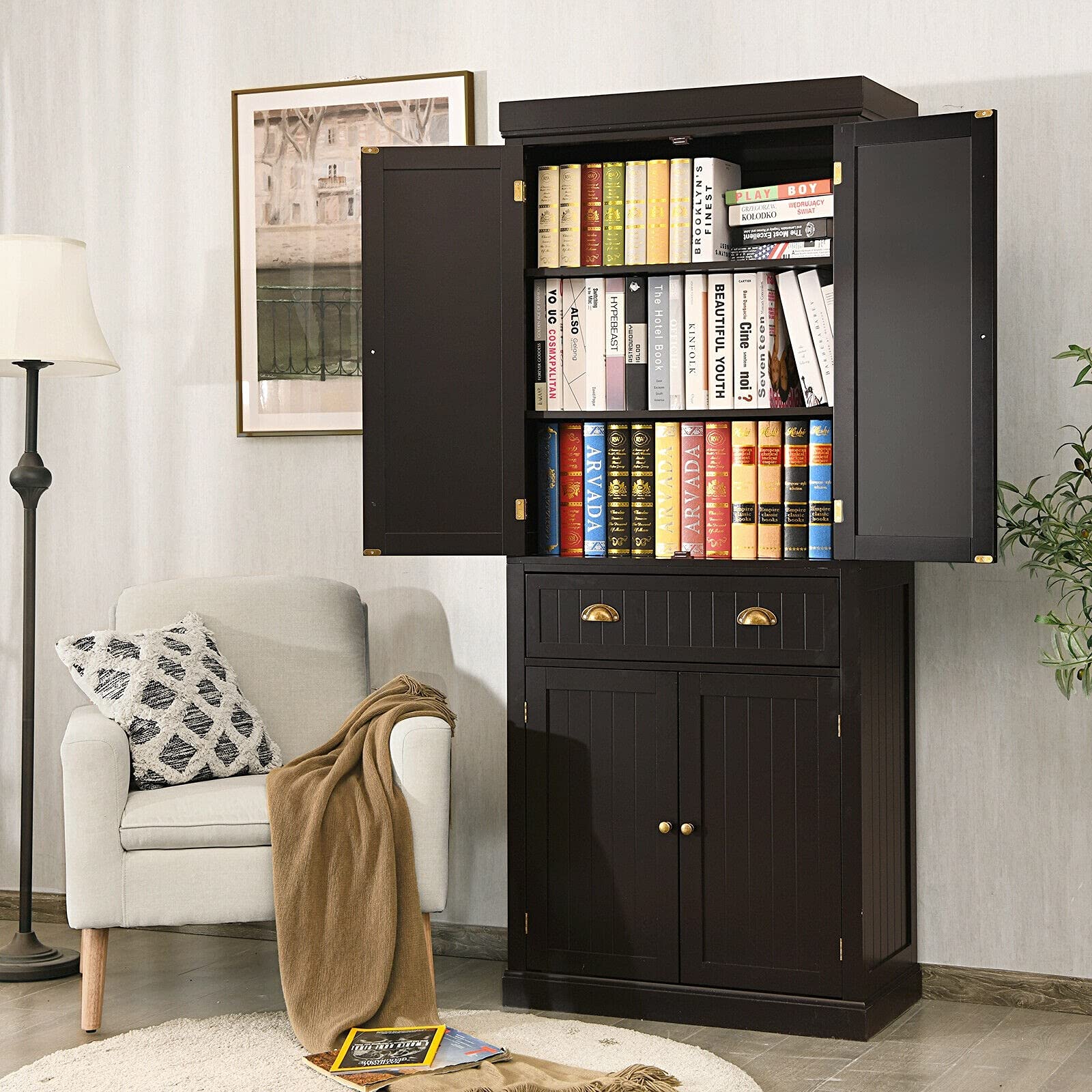 Huippy 72 inch Double Door Cupboard Freestanding Kitchen Pantry Cabinet with Four Adjustable Shelves and One Large Drawer for Kitchen Living Room Bedroom Hallway Home Office Storage (Espresso)