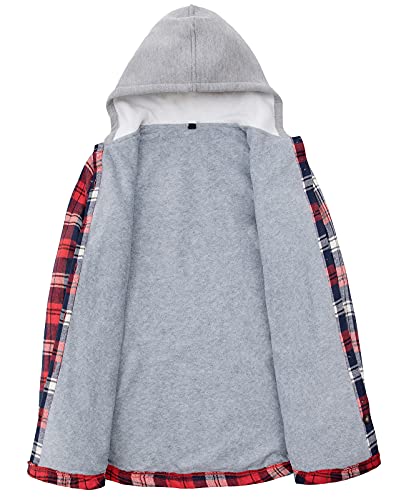 Lisskolo Womens Flannel Shirts Hoodie Fleece Jacket Long Sleeve Button Down Plaid Shirt Flannel with Pocket Red L