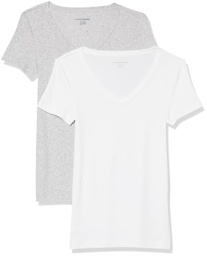Amazon Essentials Women's Slim-Fit Short-Sleeve V-Neck T-Shirt, Pack of 2, White/Light Grey Heather, Large