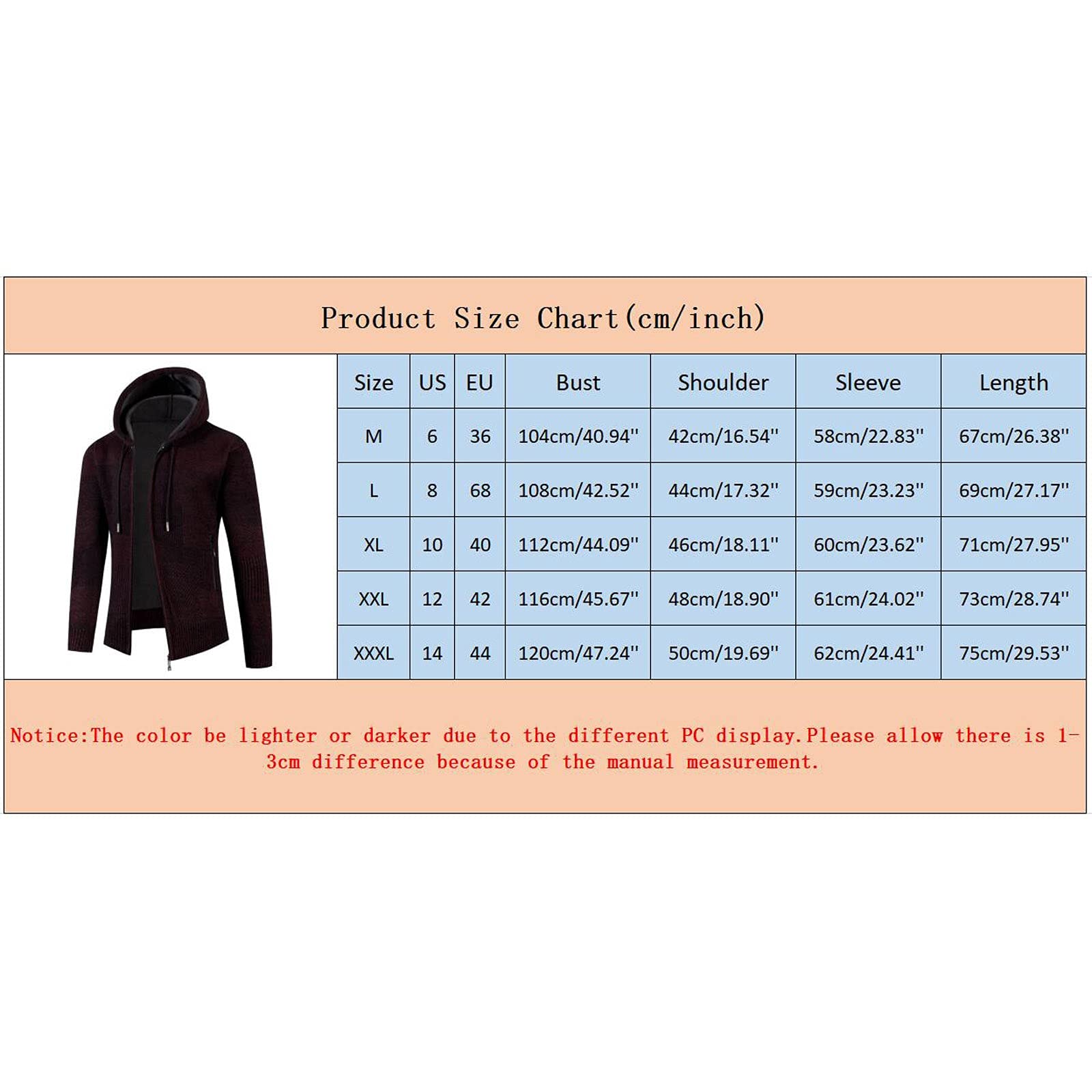 GDJGTA Lightweight Jackets for Men Winter Long Sleeved Plus Velvet Solid Color Hooded Sweater Cardigan Outerwear (Wine, XL)