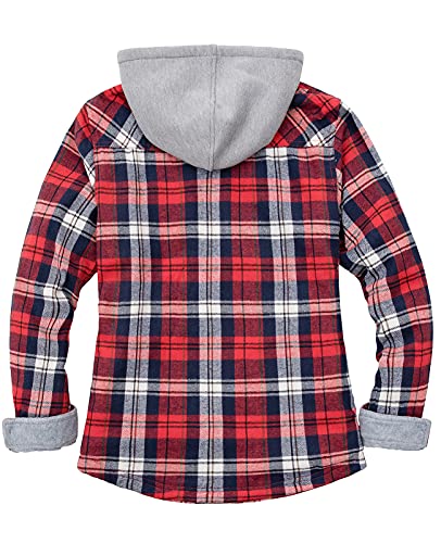 Lisskolo Womens Flannel Shirts Hoodie Fleece Jacket Long Sleeve Button Down Plaid Shirt Flannel with Pocket Red L