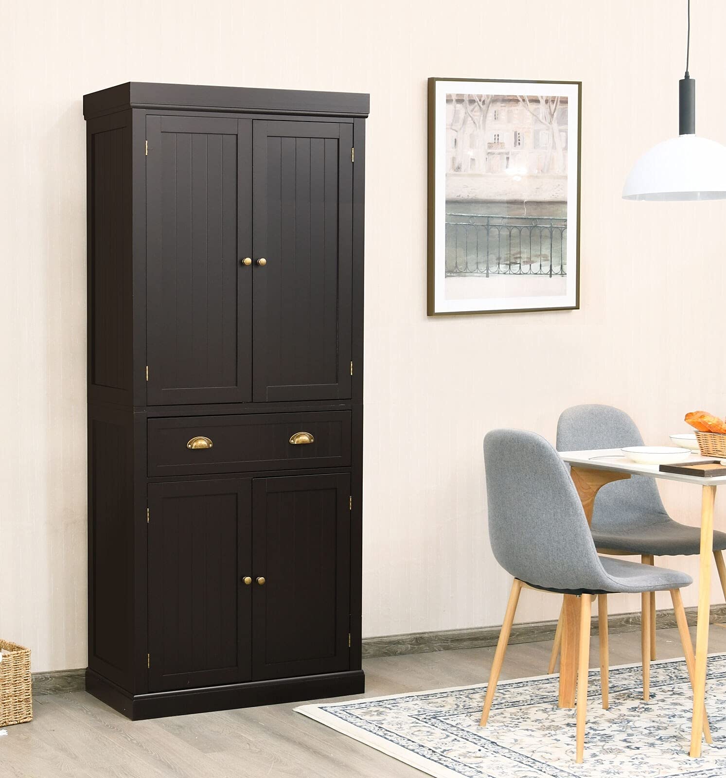 Huippy 72 inch Double Door Cupboard Freestanding Kitchen Pantry Cabinet with Four Adjustable Shelves and One Large Drawer for Kitchen Living Room Bedroom Hallway Home Office Storage (Espresso)