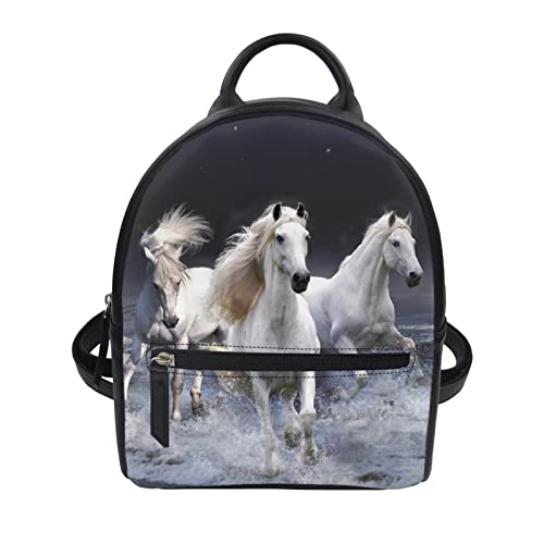 Freewander White Horse Mini Backpack PU leather Daypack with Zipper & Front Pocket for Women Men Girls