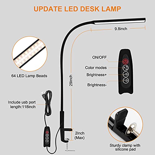 yotutun LED Desk Lamp, Swing Arm Table Lamp with Clamp, Flexible Gooseneck Task Lamp, Eye-Caring Architect Desk Light, 3 Modes 10 Brightness Levels, Memory Function Desk Lamps for Home Office, 12W