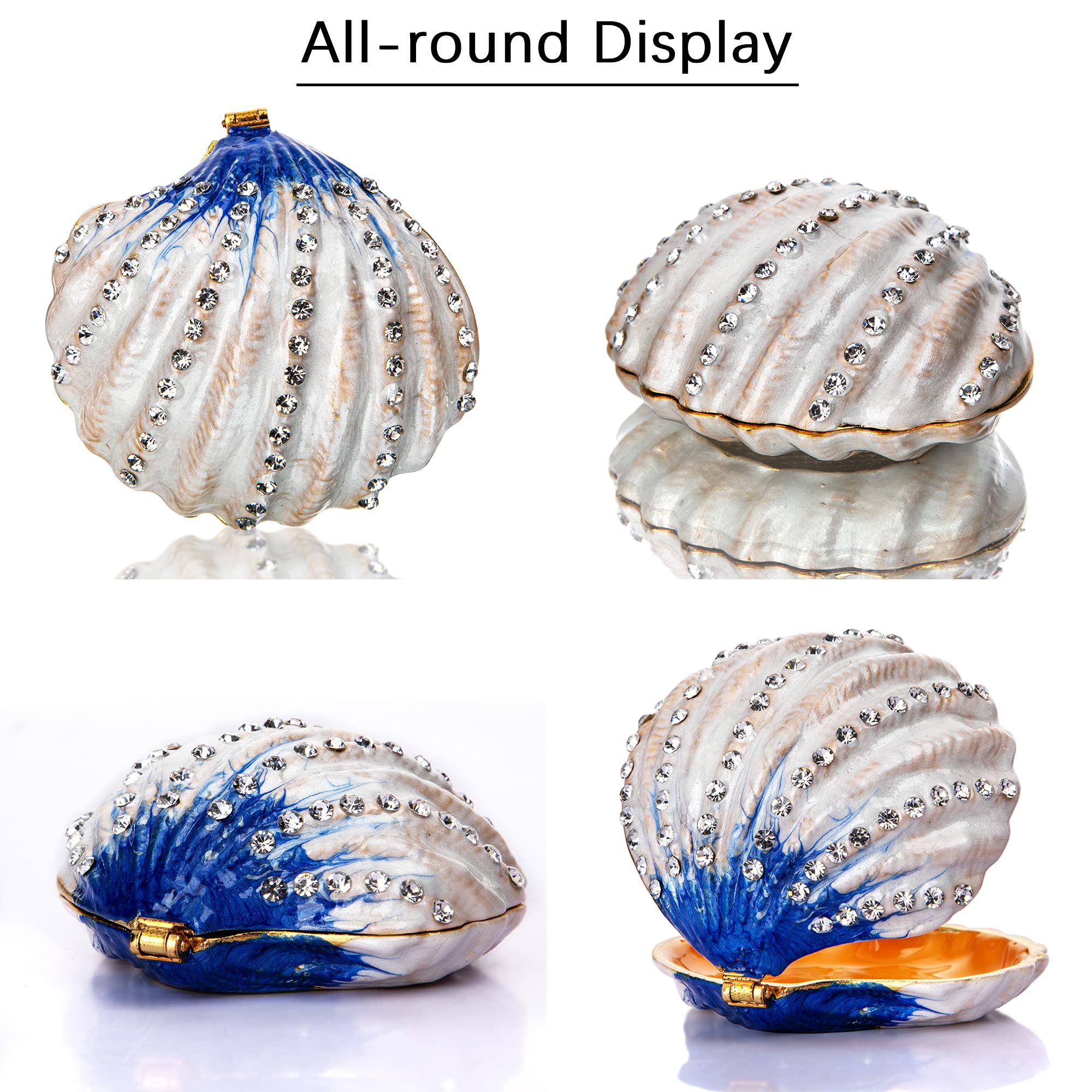 YU FENG Seashell Figurine Trinket Box Hinged Crystals Jeweled Painted Enameled Collectible Ocean Jewelry Box(Dark Blue)