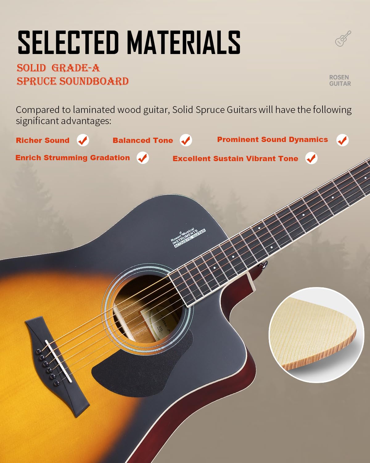 Rosen Solid Top Dreadnought Acoustic Guitar 41 Inches Spruce Guitar Beginner Bundle with Book, Padded Bag, Strings, Picks, Hexwrench, Strap, Polishing Cloth, Sunburst