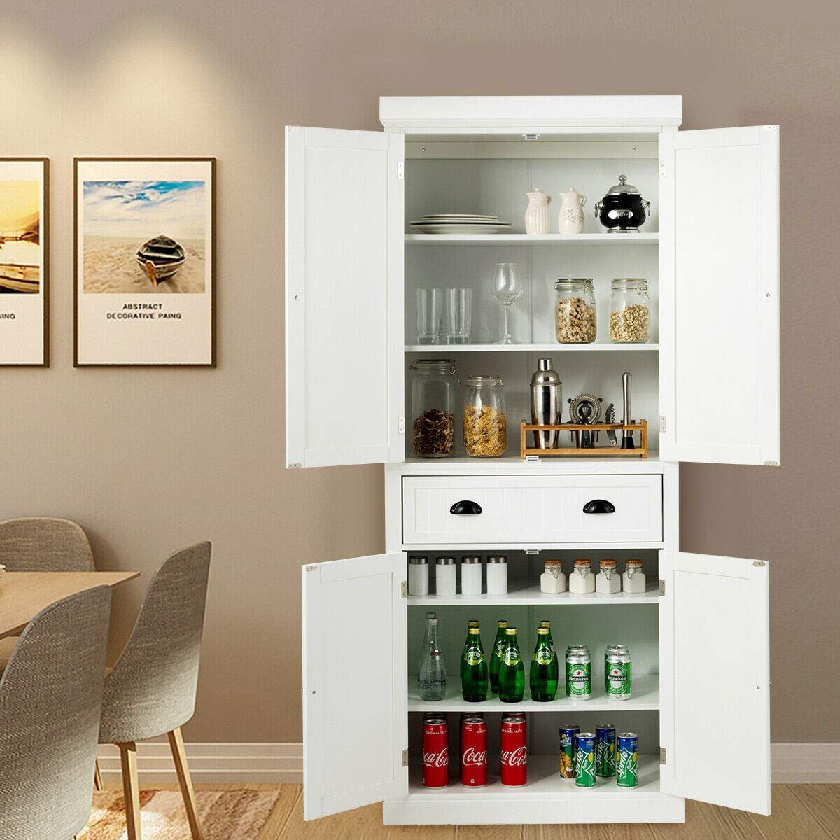 Huippy 72 inch Double Door Cupboard Freestanding Kitchen Pantry Cabinet with Four Adjustable Shelves and One Large Drawer for Kitchen Living Room Bedroom Hallway Home Office Storage (White)