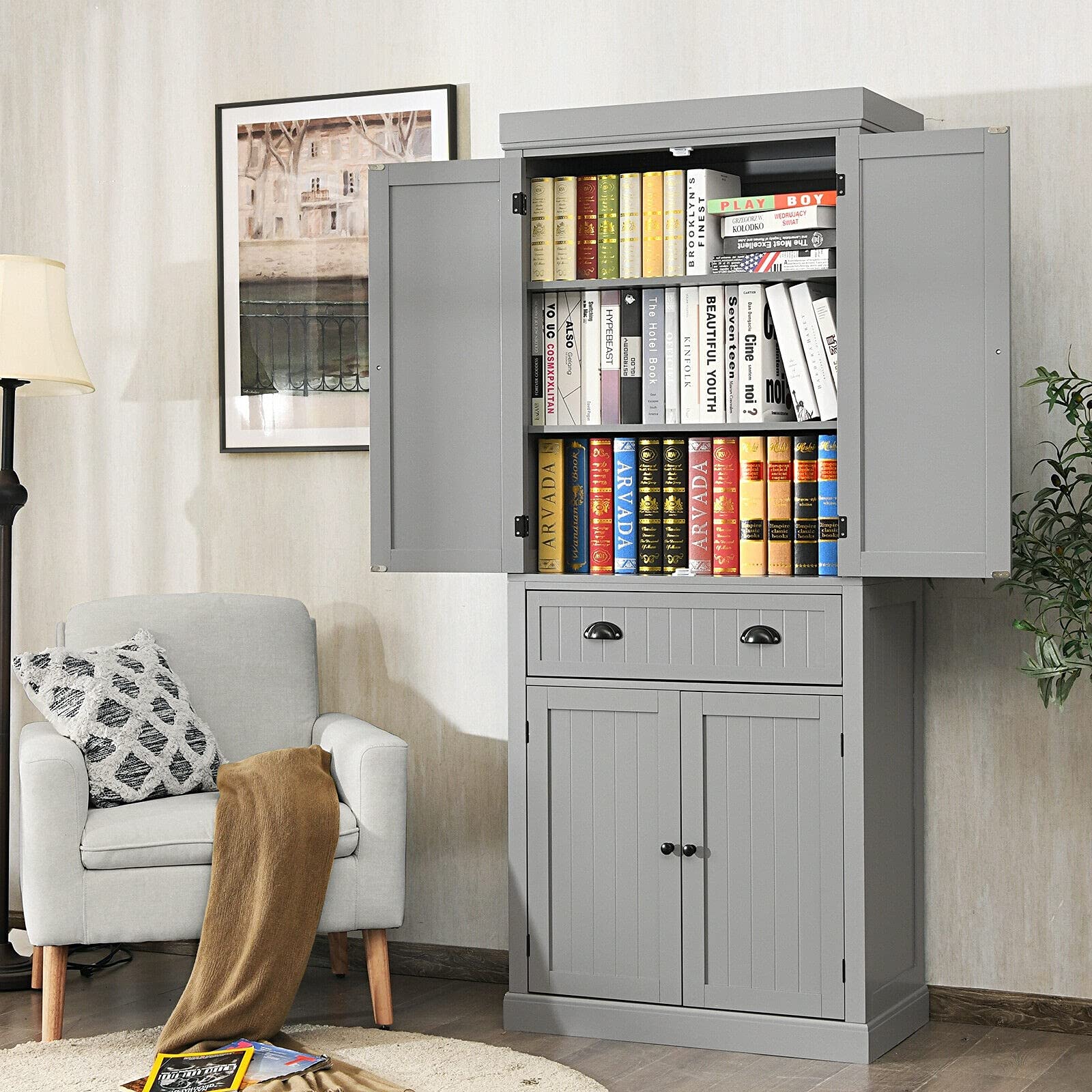 Huippy 72 inch Double Door Cupboard Freestanding Kitchen Pantry Cabinet with Four Adjustable Shelves and One Large Drawer for Kitchen Living Room Bedroom Hallway Home Office Storage (Gray)