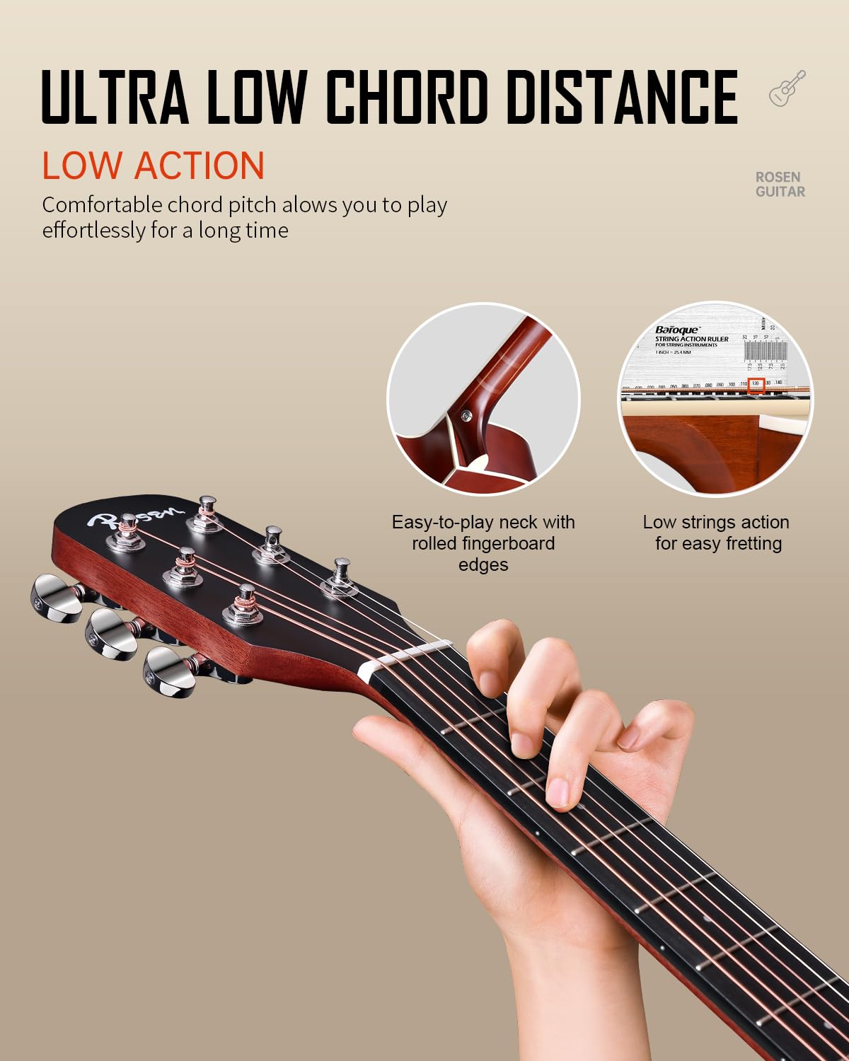 Rosen Solid Top Dreadnought Acoustic Guitar 41 Inches Spruce Guitar Beginner Bundle with Book, Padded Bag, Strings, Picks, Hexwrench, Strap, Polishing Cloth, Sunburst