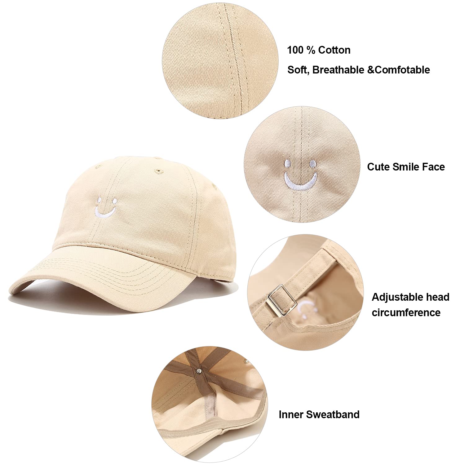 Umeepar Smile Face Baseball Cap for Women Men Adjustable Low Profile Unstructured Cotton Dad Hat (Beige)