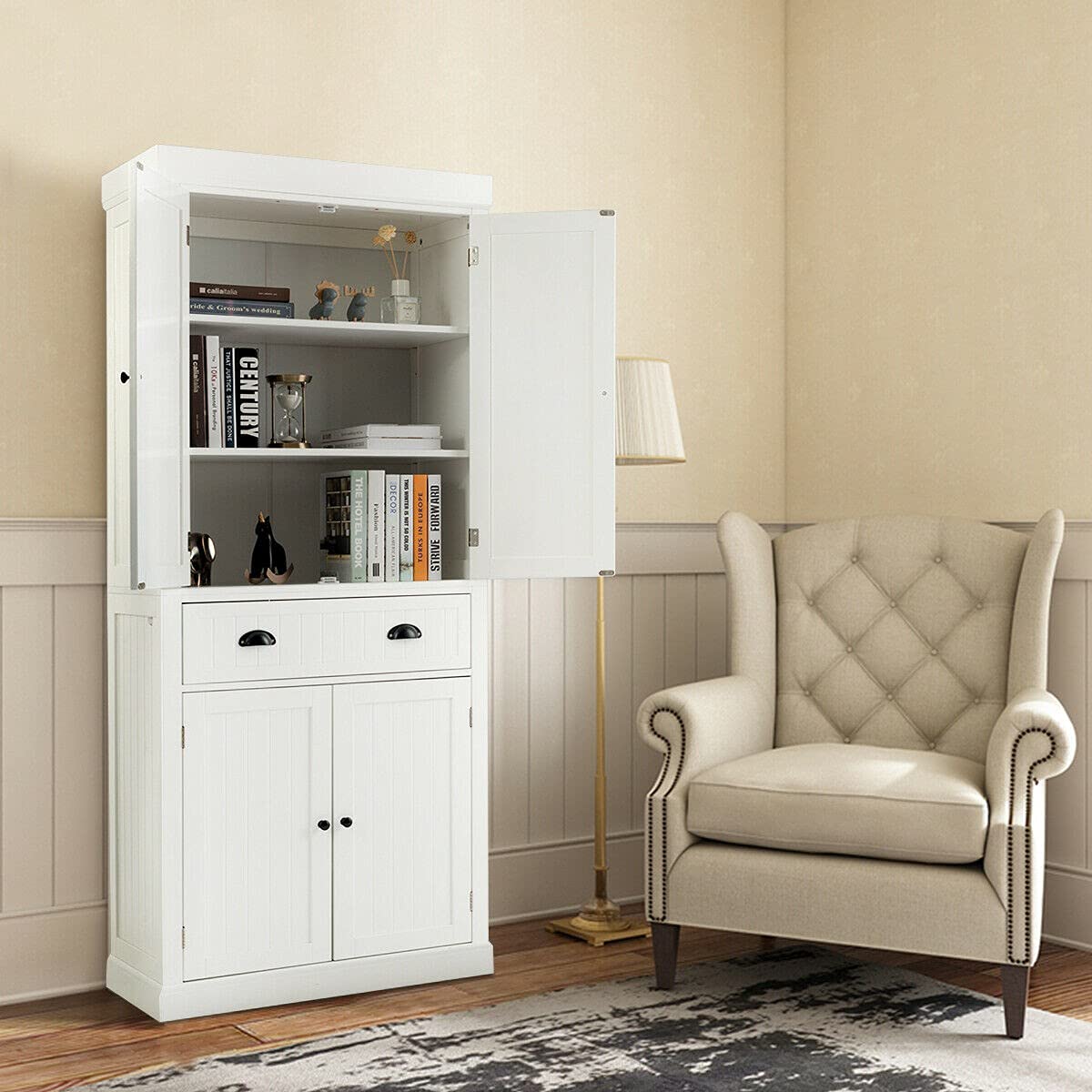 Huippy 72 inch Double Door Cupboard Freestanding Kitchen Pantry Cabinet with Four Adjustable Shelves and One Large Drawer for Kitchen Living Room Bedroom Hallway Home Office Storage (White)