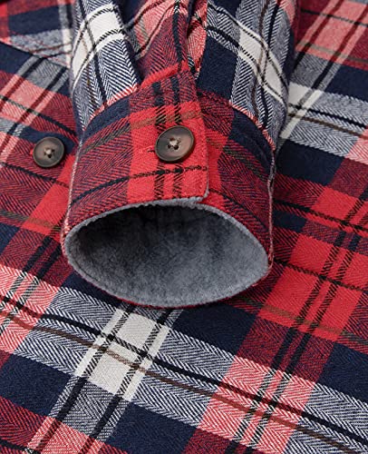Lisskolo Womens Flannel Shirts Hoodie Fleece Jacket Long Sleeve Button Down Plaid Shirt Flannel with Pocket Red L