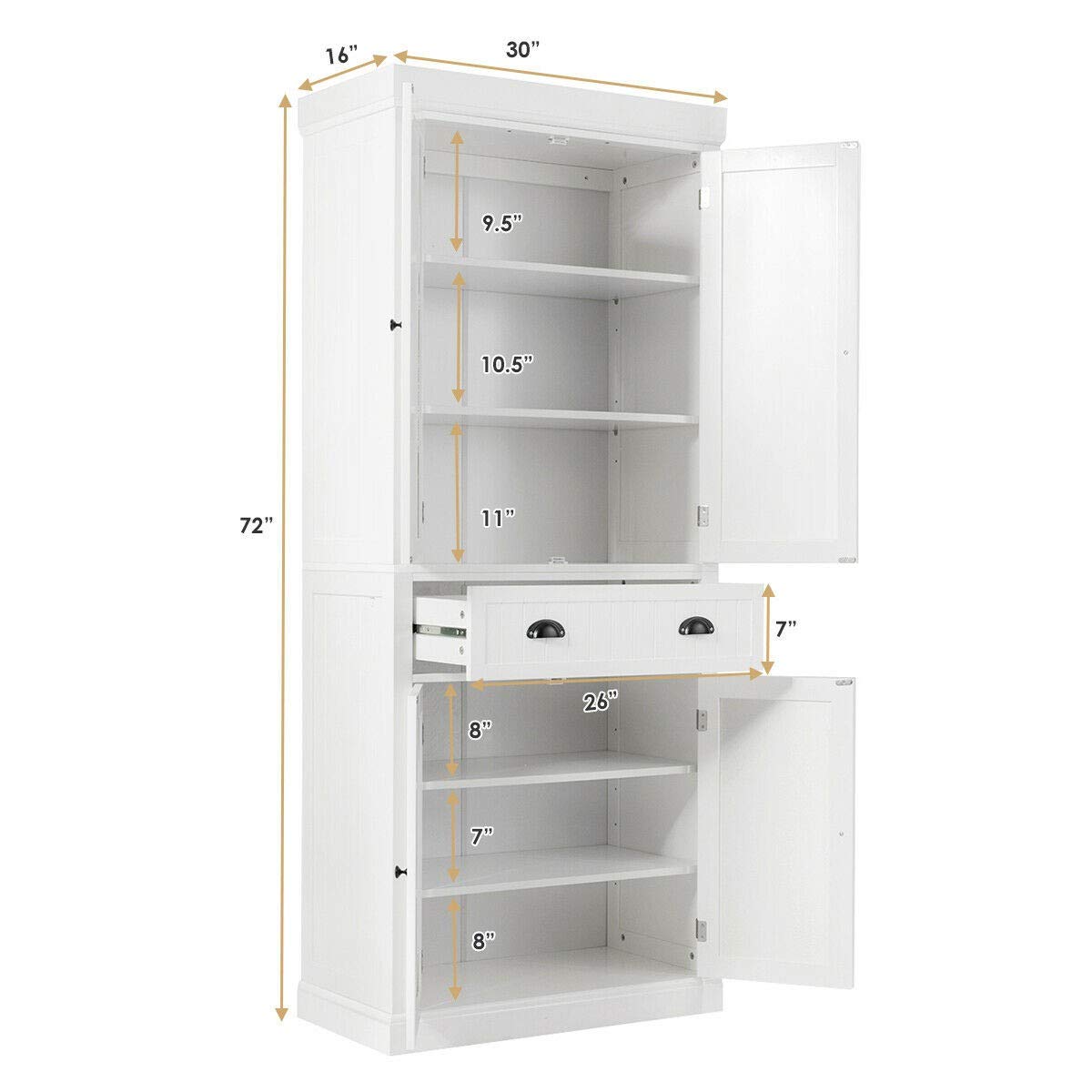 Huippy 72 inch Double Door Cupboard Freestanding Kitchen Pantry Cabinet with Four Adjustable Shelves and One Large Drawer for Kitchen Living Room Bedroom Hallway Home Office Storage (White)