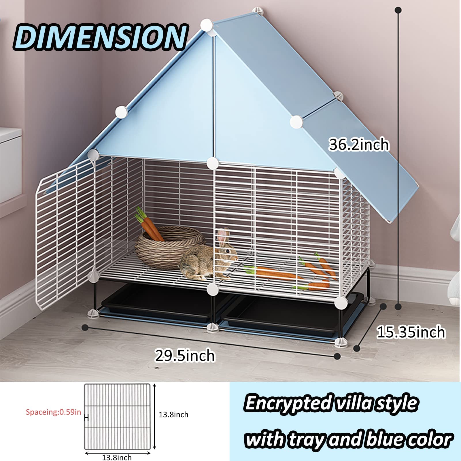 Rabbit Cage Indoor Bunny Hutch 2 Tier Large Guinea Pig Hamster House Small Animals Outdoor Pet with Removable Pull-Out Trays Waterproof Roof Accessories for Ferret Chinchilla Hedgehog,Blue