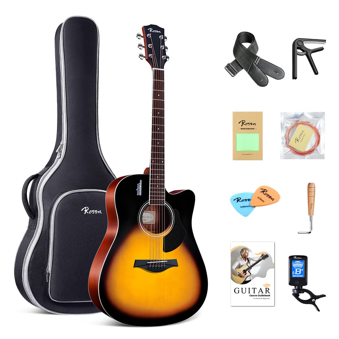 Rosen Solid Top Dreadnought Acoustic Guitar 41 Inches Spruce Guitar Beginner Bundle with Book, Padded Bag, Strings, Picks, Hexwrench, Strap, Polishing Cloth, Sunburst